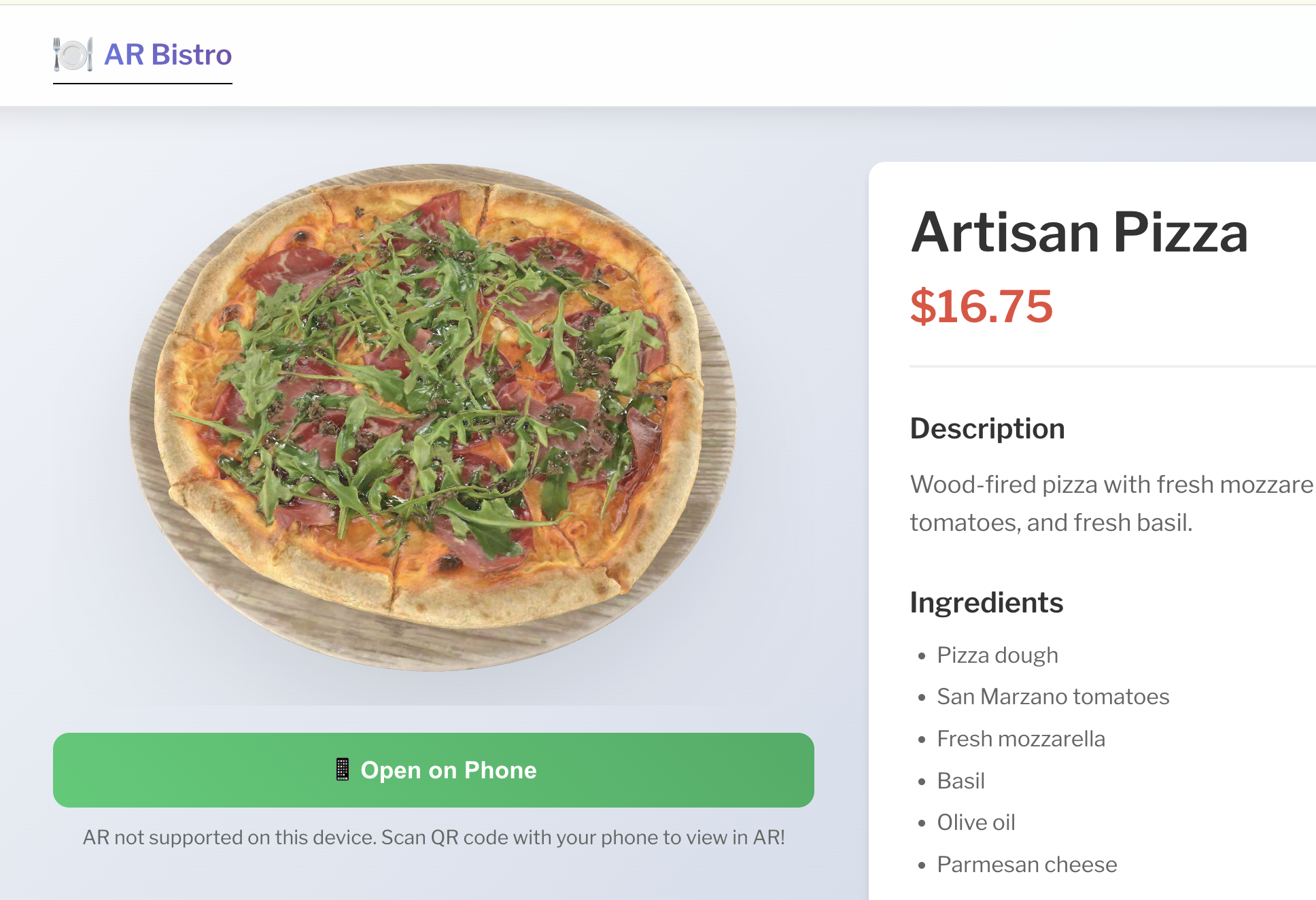 AR Restaurant Menu Example